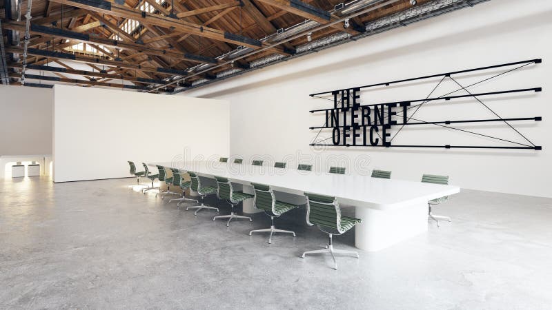 Rectangular Conference Hall with Wood Flooring and Internet Office Sign ...