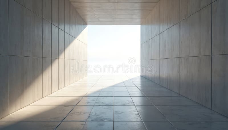 Rectangular Corridor Tiled with Square Concrete Blocks. Light Falls in ...