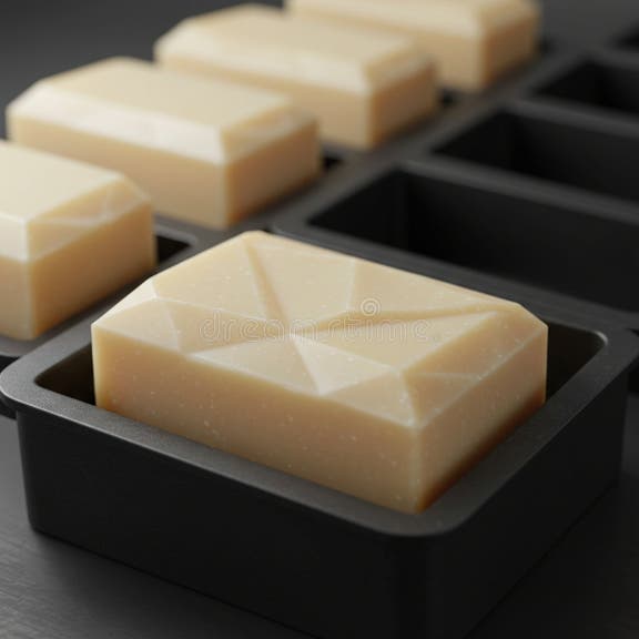 Rectangular, Cream-colored Soap Bars Rest in Black Molds. the Soap ...
