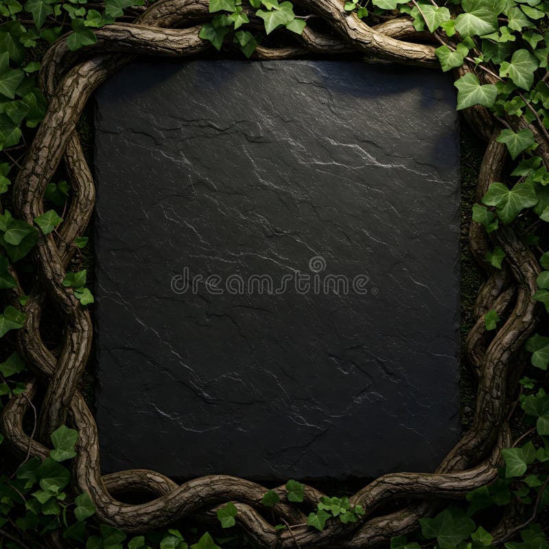 A Rectangular Dark Slate Surface is Framed by Intertwining Branches and ...