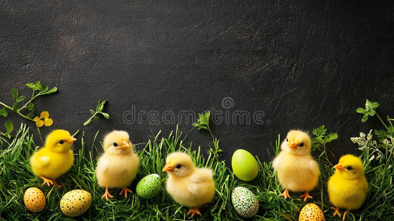 A Rectangular Easter Border of Green Grass, Eggs, and Small Chicks ...