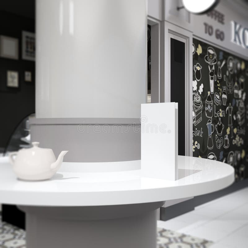 Empty Cafe Interior. Coffee Shop with White Bar Counter, Shelves and ...