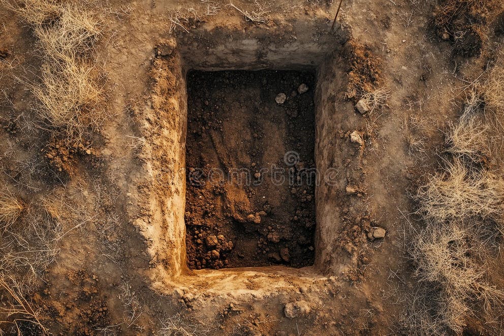 Rectangular Empty Grave Dug into Dry Soil in Desert Environment, Aerial ...