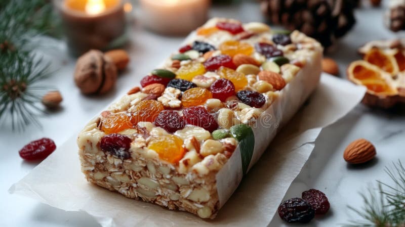 Rectangular Festive Nut and Fruit Cake on Marble Surface Stock ...