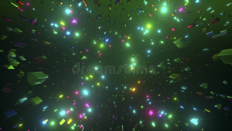 Rectangular Figures Fly in Space. Glowing Particles. Neon. Flight ...