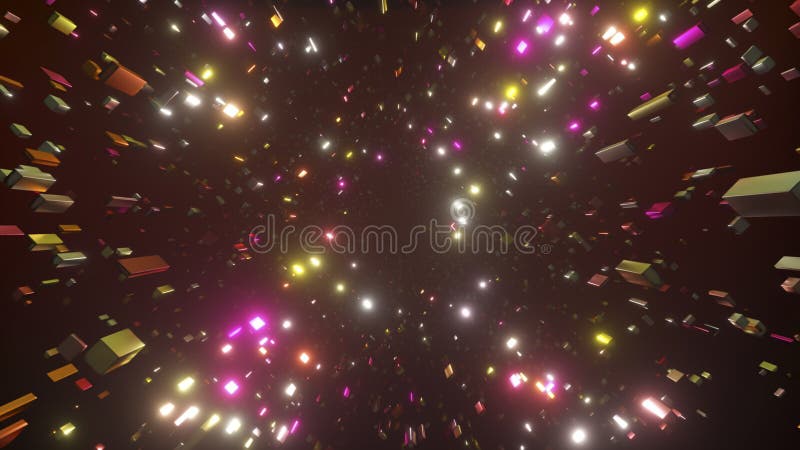 Rectangular Figures Fly in Space. Glowing Particles. Neon. Flight ...