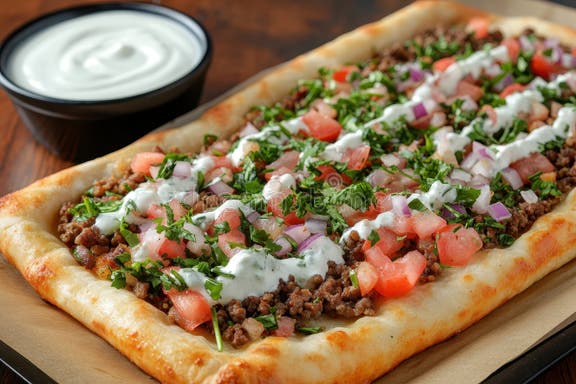 A Rectangular Flatbread Topped with Seasoned Meat, Vegetables, and ...