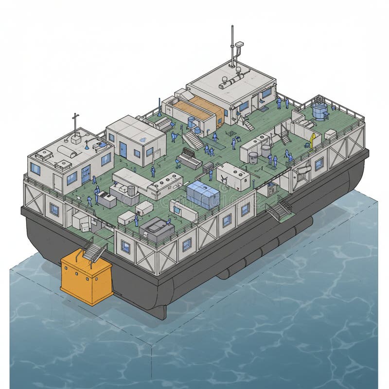 Rectangular Floating Platform with a Detailed Deck Plan, Surrounded by ...
