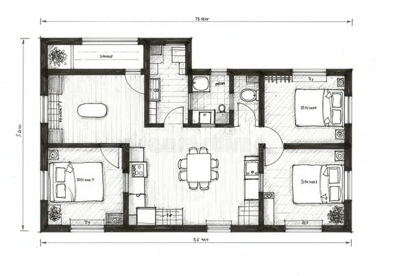 Rectangular Floor Plan Featuring Three Bedrooms, a Central Living and ...