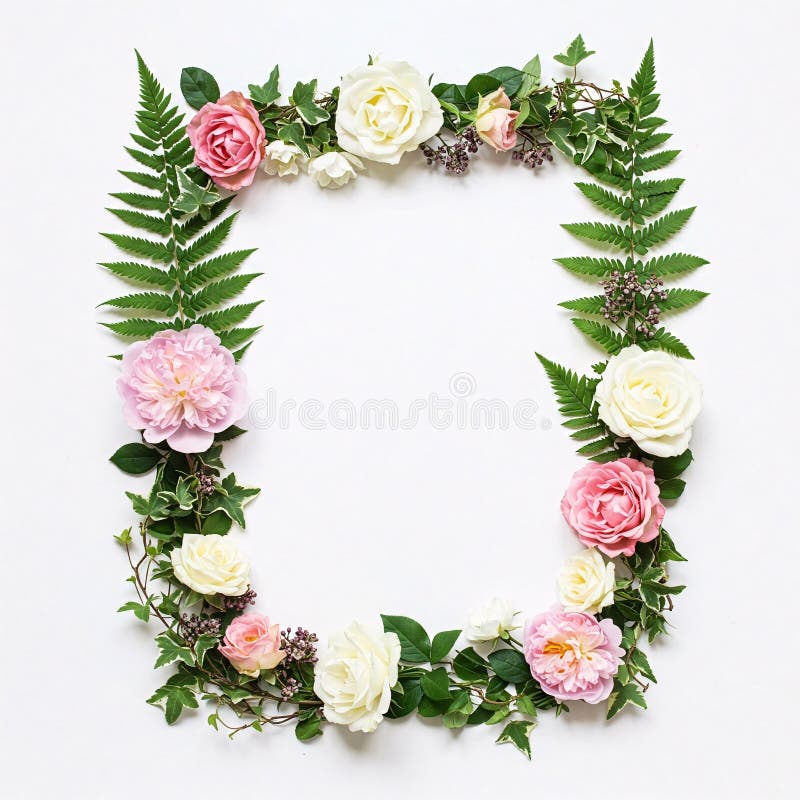 Rectangular Floral Frame with Roses, Ferns, and Leaves Isolated on a ...