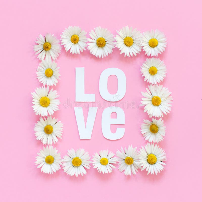 Rectangular Floral Frame and Text LOVE on a Light Pink Background Stock ...