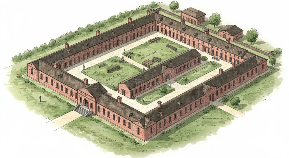 Rectangular Fort Layout with Red Brick Walls and a Central Courtyard ...