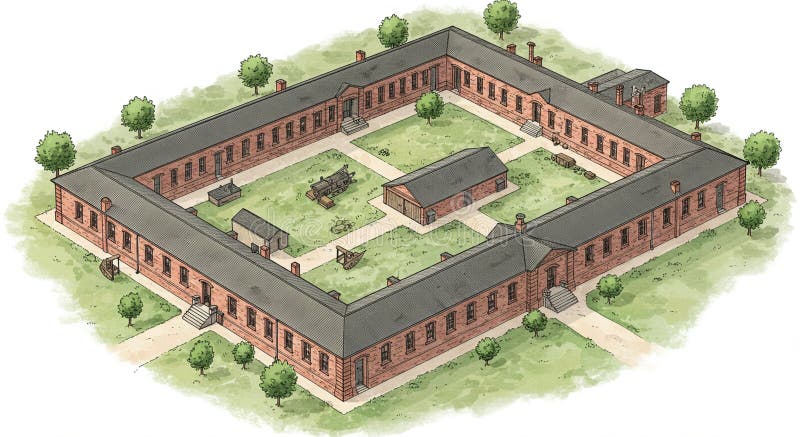 Rectangular Fortress Complex with Red Brick Buildings Forming a Square ...