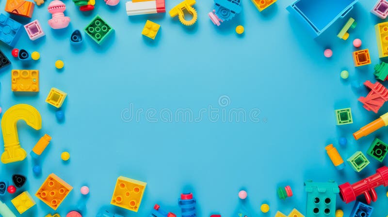 A Rectangular Frame with a Blue Background. Toys are Placed Around the ...