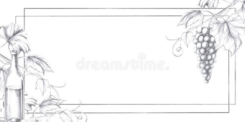 Rectangular Frame with a Bottle of Wine and a Bunch of Grapes. Isolated ...