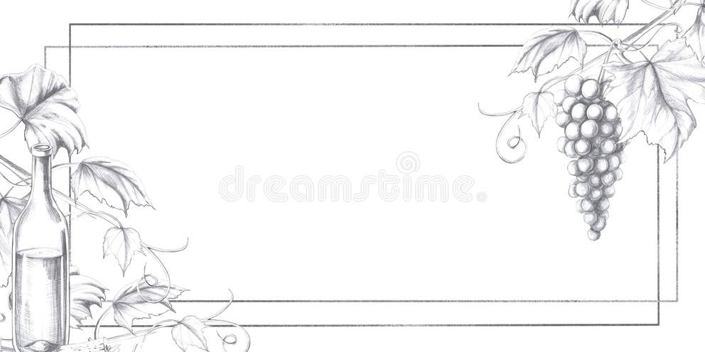 Rectangular Frame with a Bottle of Wine and a Bunch of Grapes. Isolated ...