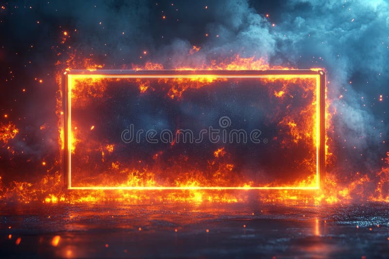 Rectangular Frame Burning in Fiery Spectacle with Smoke and Sparks ...