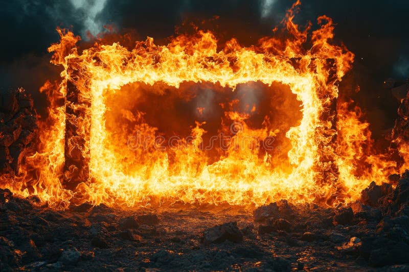 Rectangular Frame Burning Intensely, Creating a Dramatic Scene of Fire ...
