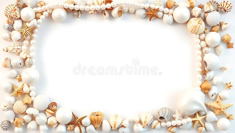 Seashells Pearls and Starfish Border a White Background Stock ...