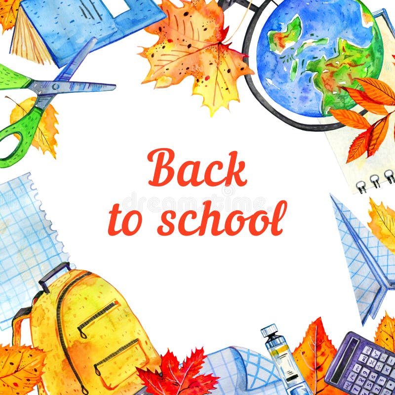 Rectangular Frame Design Template with School Items. Globe, Backpack ...