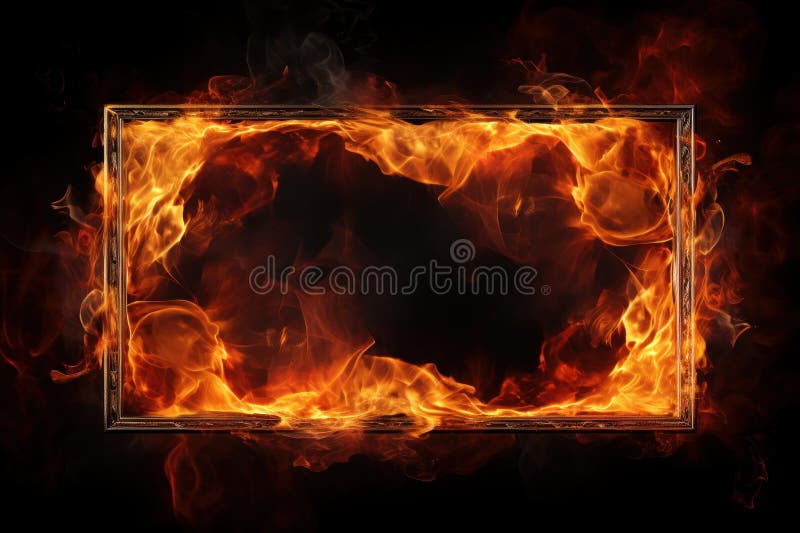 Rectangular Frame Engulfed by Bright Flames, Black Background with ...