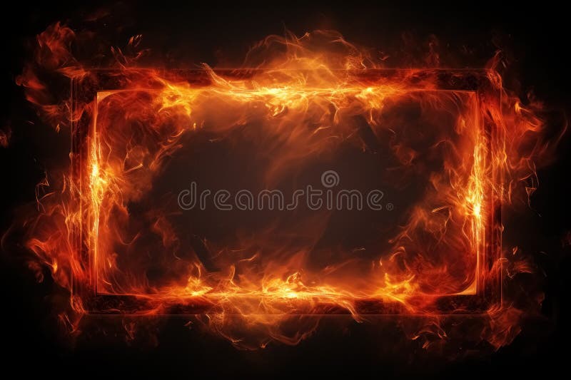 Rectangular Frame Engulfed by Bright Flames, Black Background with ...