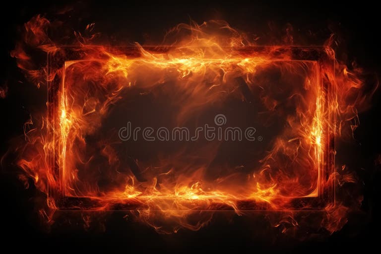Rectangular Frame Engulfed by Bright Flames, Black Background with ...