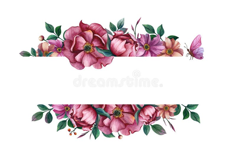 Floral Rectangular Frame and Butterfly. Watercolor Illustration on ...