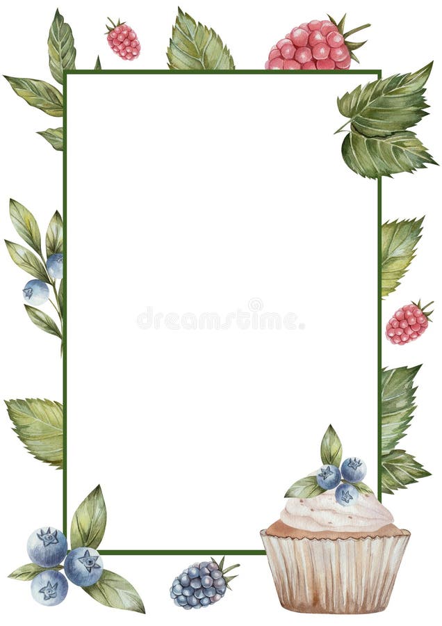 Rectangular Frame with Green Leaves, Raspberries and Blueberry Muffin ...