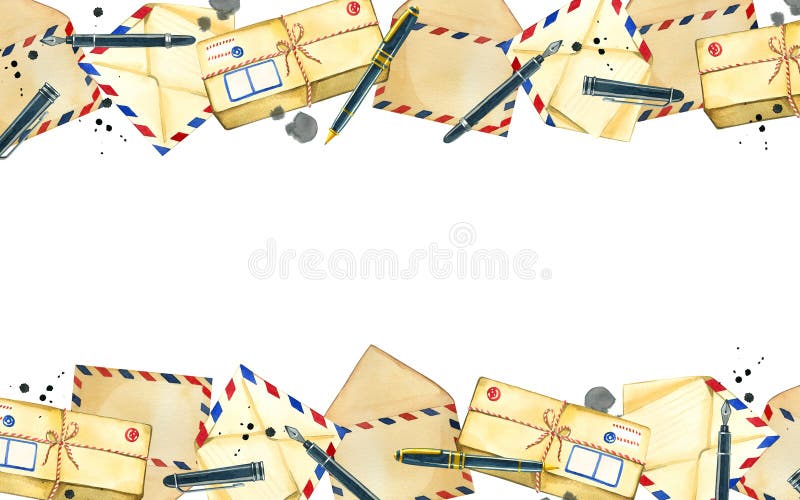 Rectangular Frame of Letters and Envelopes, Pens for Writing and Ink ...