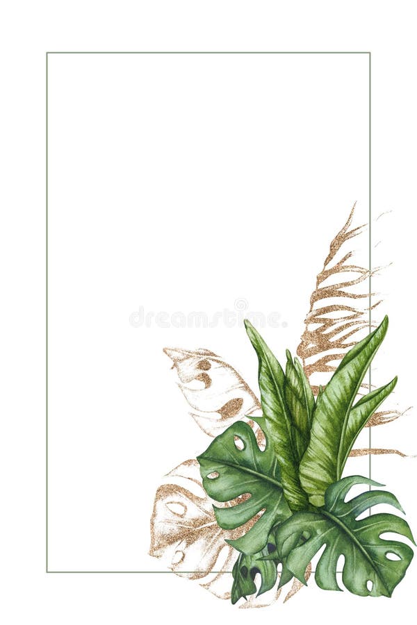 Rectangular Frame Made of Tropical Leaves with Gold. Watercolor ...