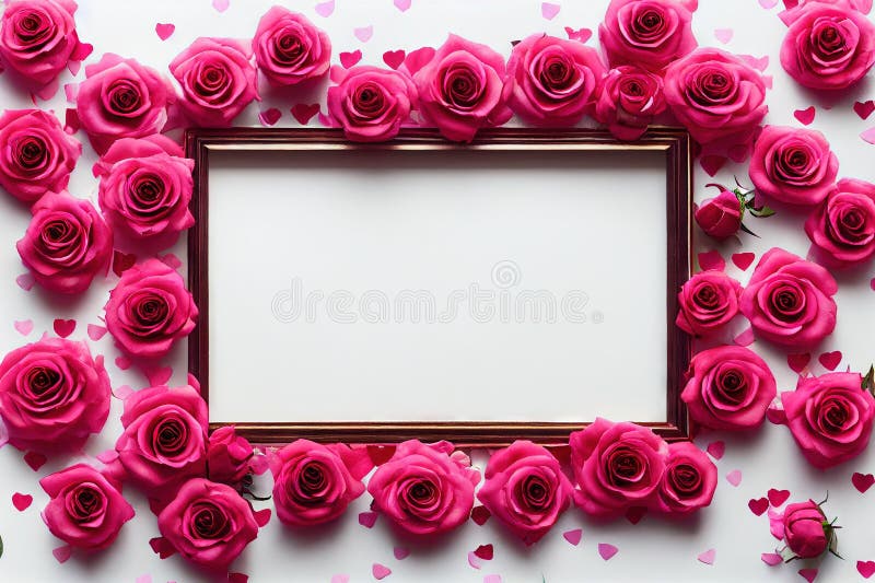 Rectangular Frame with Pink Flowers Hearts and Rose Petals. Stock ...