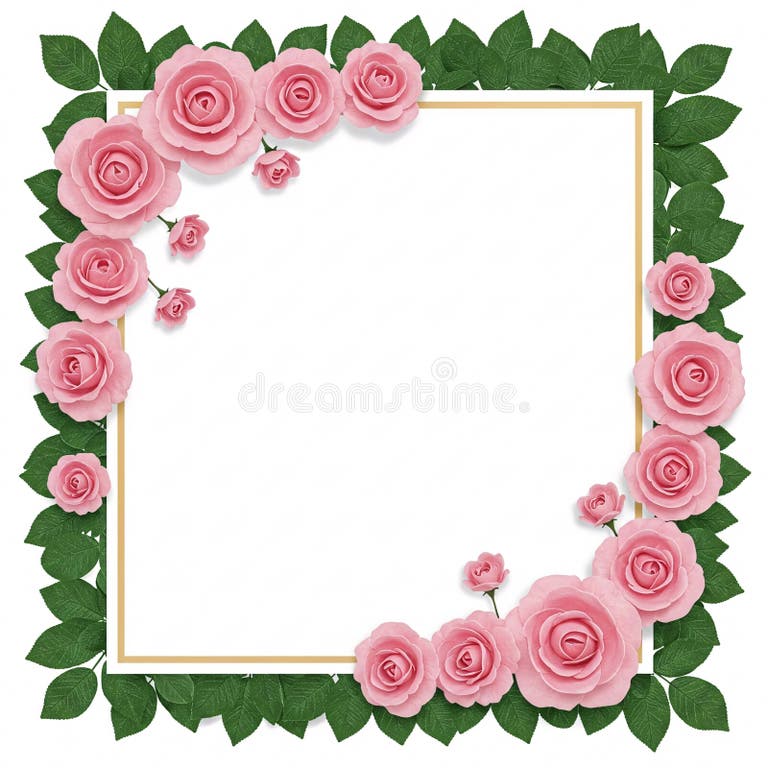 Rectangular Frame of Pink Roses with Green Leaves Isolated on a White ...
