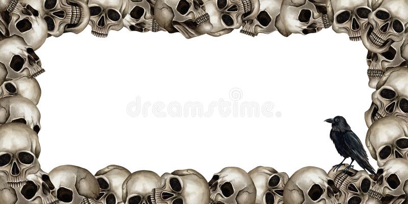 Rectangular Frame with Skulls Around the Perimeter and a Black Crow on ...