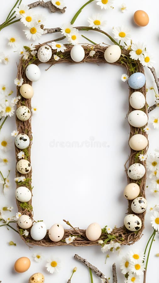 Rectangular Frame of Speckled Quail Eggs and Soft Spring Flowers ...