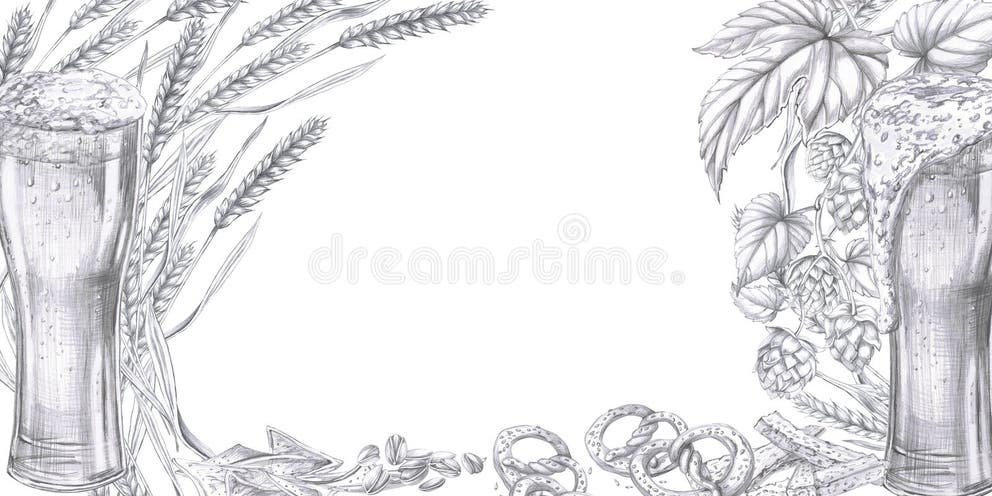 Rectangular Frame with Two Pints of Beer, Ears of Corn, Branches of ...