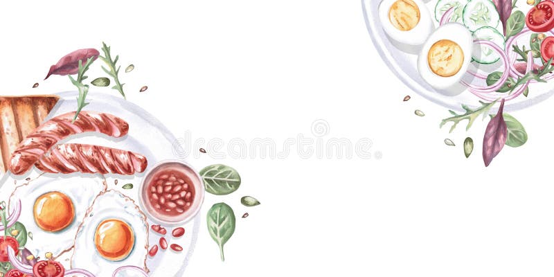 Rectangular Frame with Two Plates with Breakfast. Isolated Watercolor ...