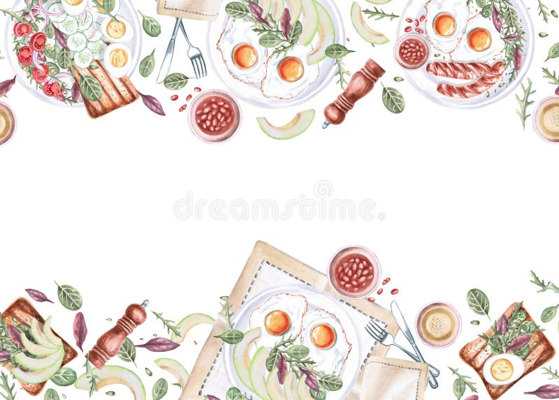 Rectangular Frame with Various Breakfast Plates. Isolated Watercolor ...