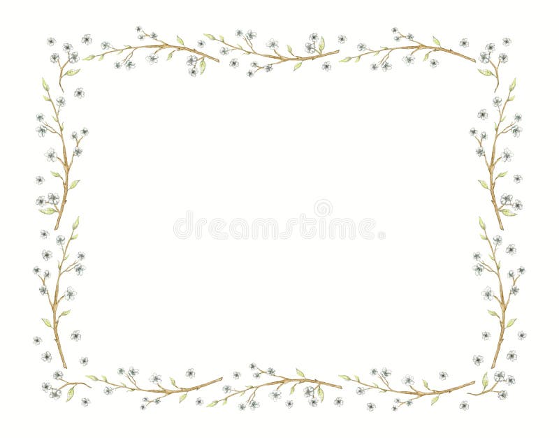 Watercolor Rectangular Frame with Spring Branches of Apple with Flowers ...