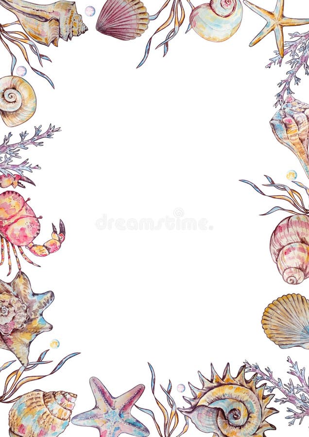 Rectangular Frame of Watercolor Seashells and Underwater Life Elements ...
