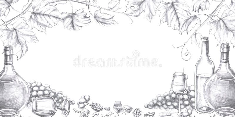 Rectangular Frame with Wine and Cognac Glasses and Bottles. Isolated ...