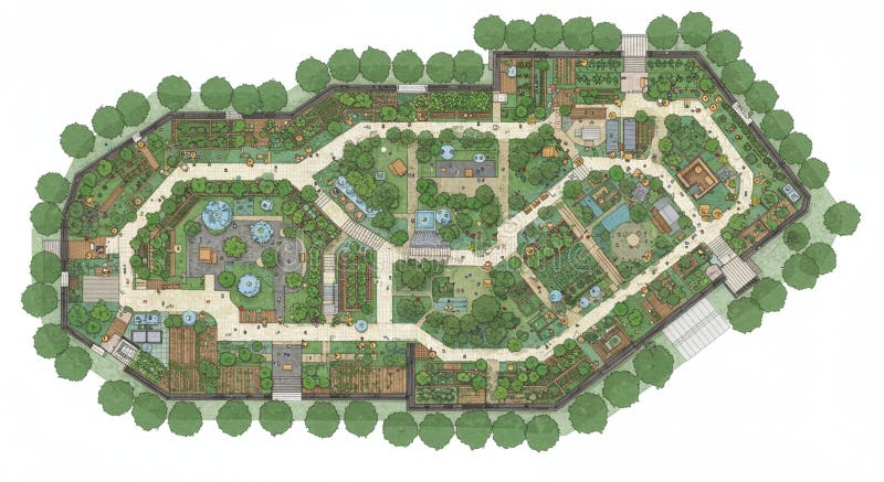 Rectangular Garden Design Features Numerous Sections. Central Pathways ...