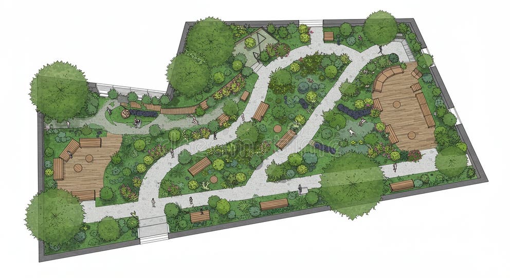 Rectangular Garden Design Featuring Winding Pathways and Lush Greenery ...