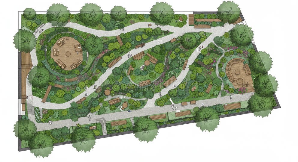 Rectangular Garden Layout Featuring Winding Paths Surrounded by Lush ...