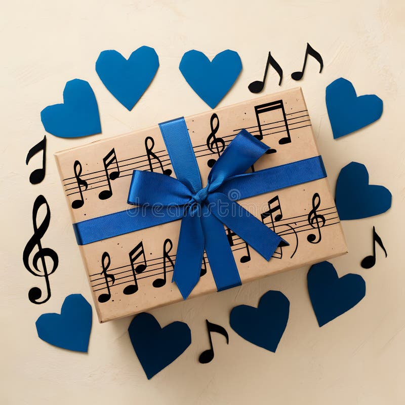 Rectangular Gift Box with Musical Note Symbols, Blue Ribbon, and Heart ...