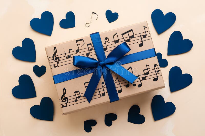 Rectangular Gift Box with Musical Note Symbols, Blue Ribbon, and Heart ...