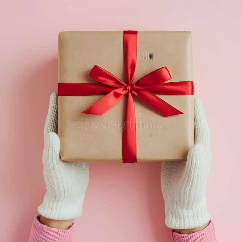 Rectangular Gift Box Wrapped in Brown Paper, Tied with a Shiny Red ...