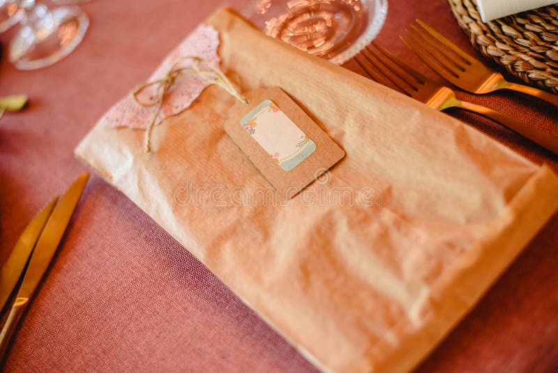 Rectangular Gift Wrapped in Paper with Empty Label To Fill, Copy Space ...