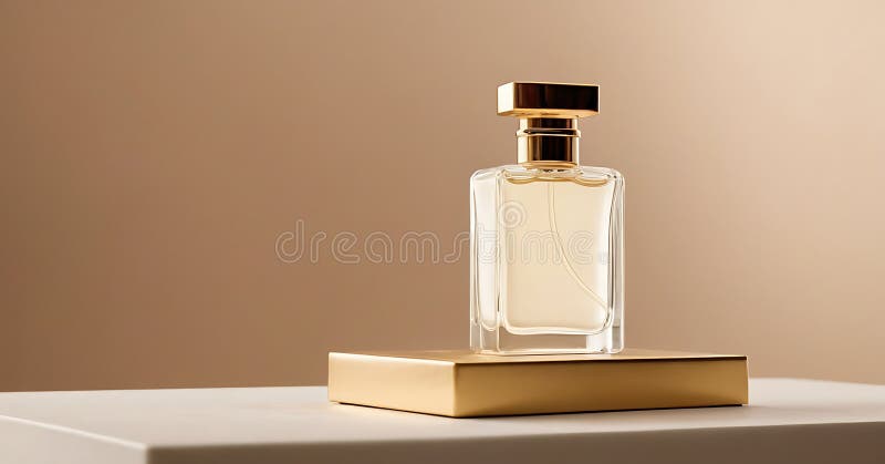 A Rectangular Glass Perfume Bottle with a Gold Cap Sits Elegantly on a ...