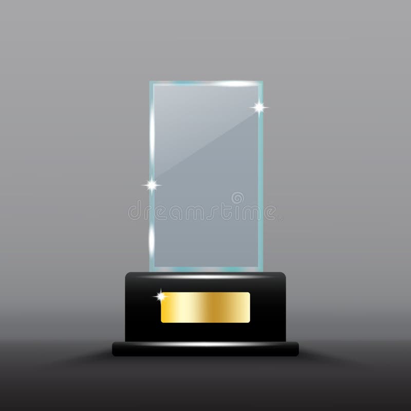 Rectangular Glass Trophy Shiny Gold Plaque Detail Dark Grey Background Elegant Vector Design